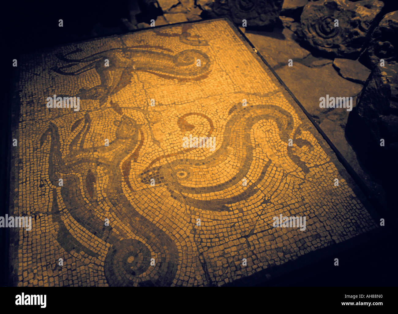 Small mosaic panel in the Roman Baths City of Bath Somerset Stock Photo ...