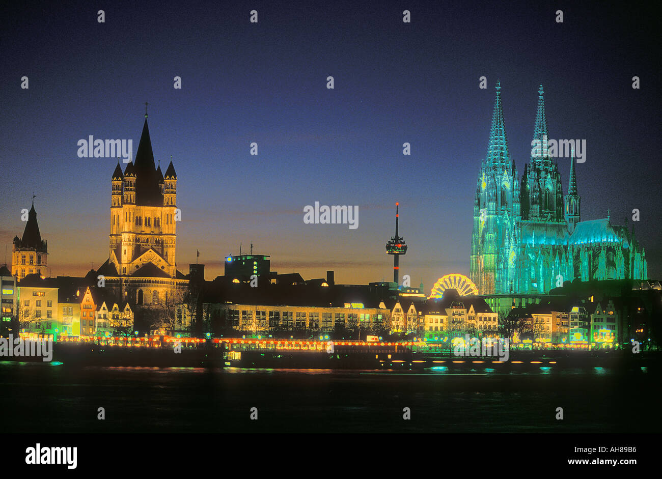 Night time view across the River Rhone showing the Cologne skyline Koln ...