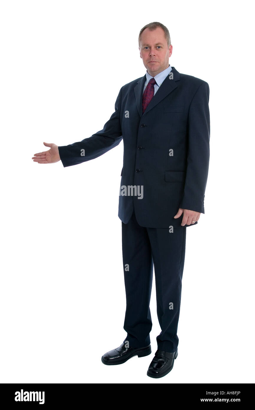 Businessman with his arm out in a welcoming gesture Stock Photo - Alamy