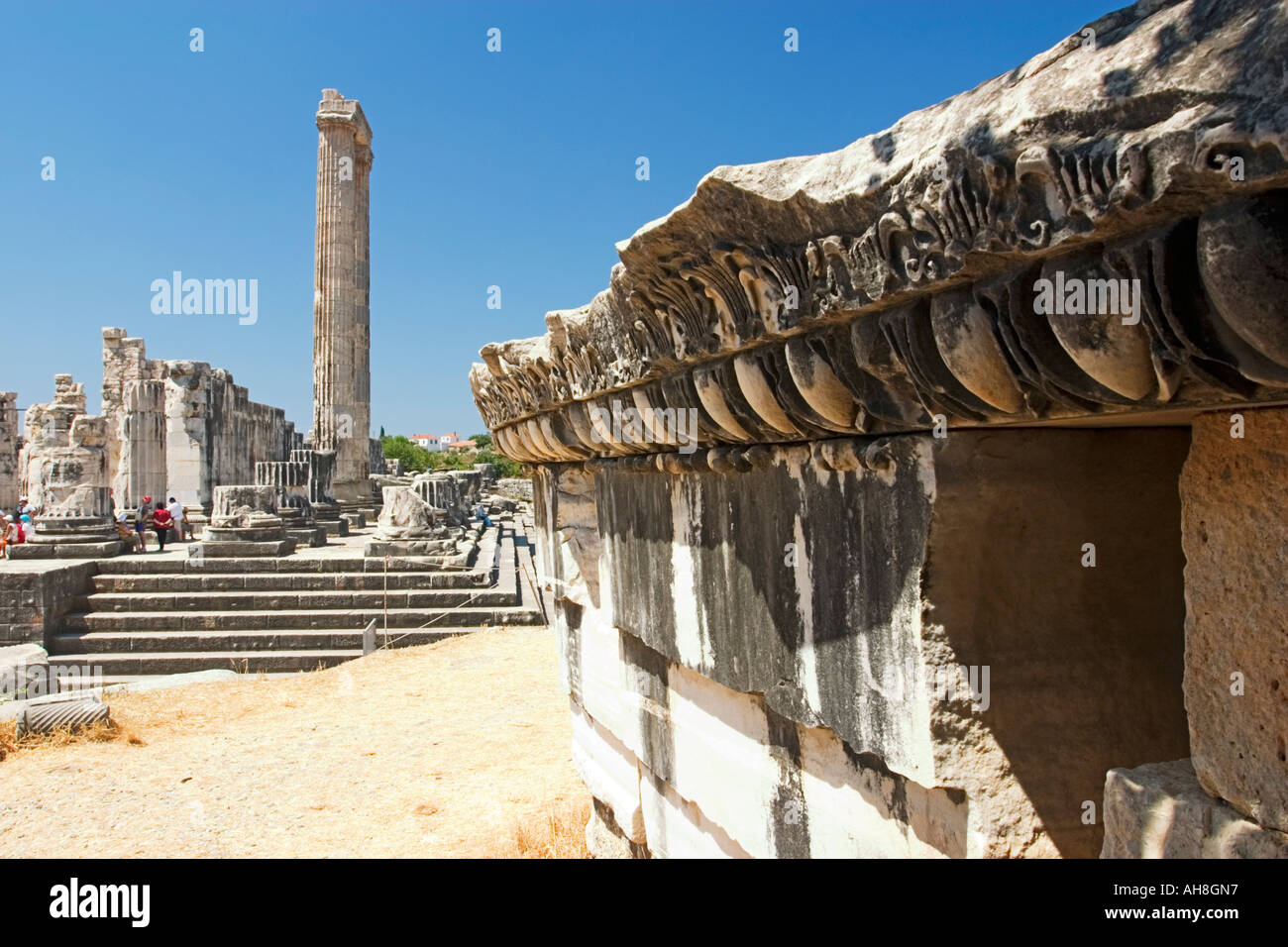 Carved stone marble at Apollo Temple Didim Altinkum Turkey Stock Photo ...