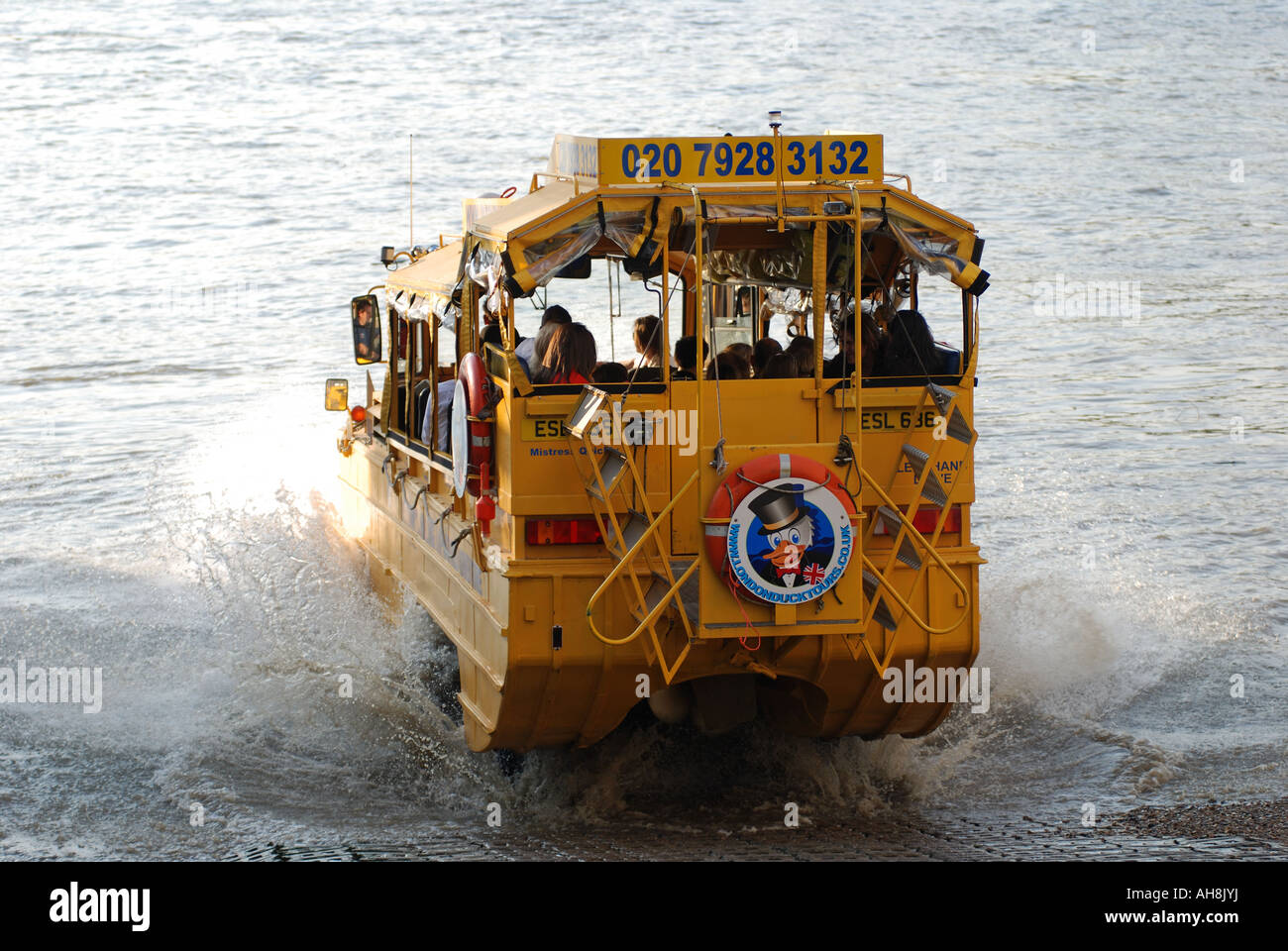 London Duck Tours amphibious vehicle entering River Thames near ...