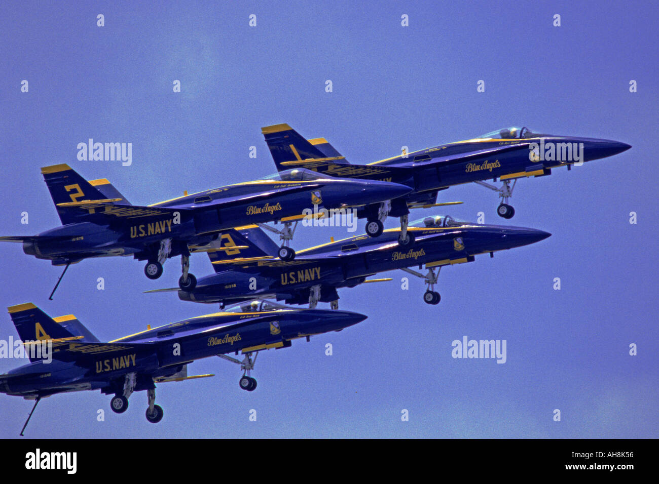United States Navy Blue Angels flying their F A 18 Hornet in formation ...