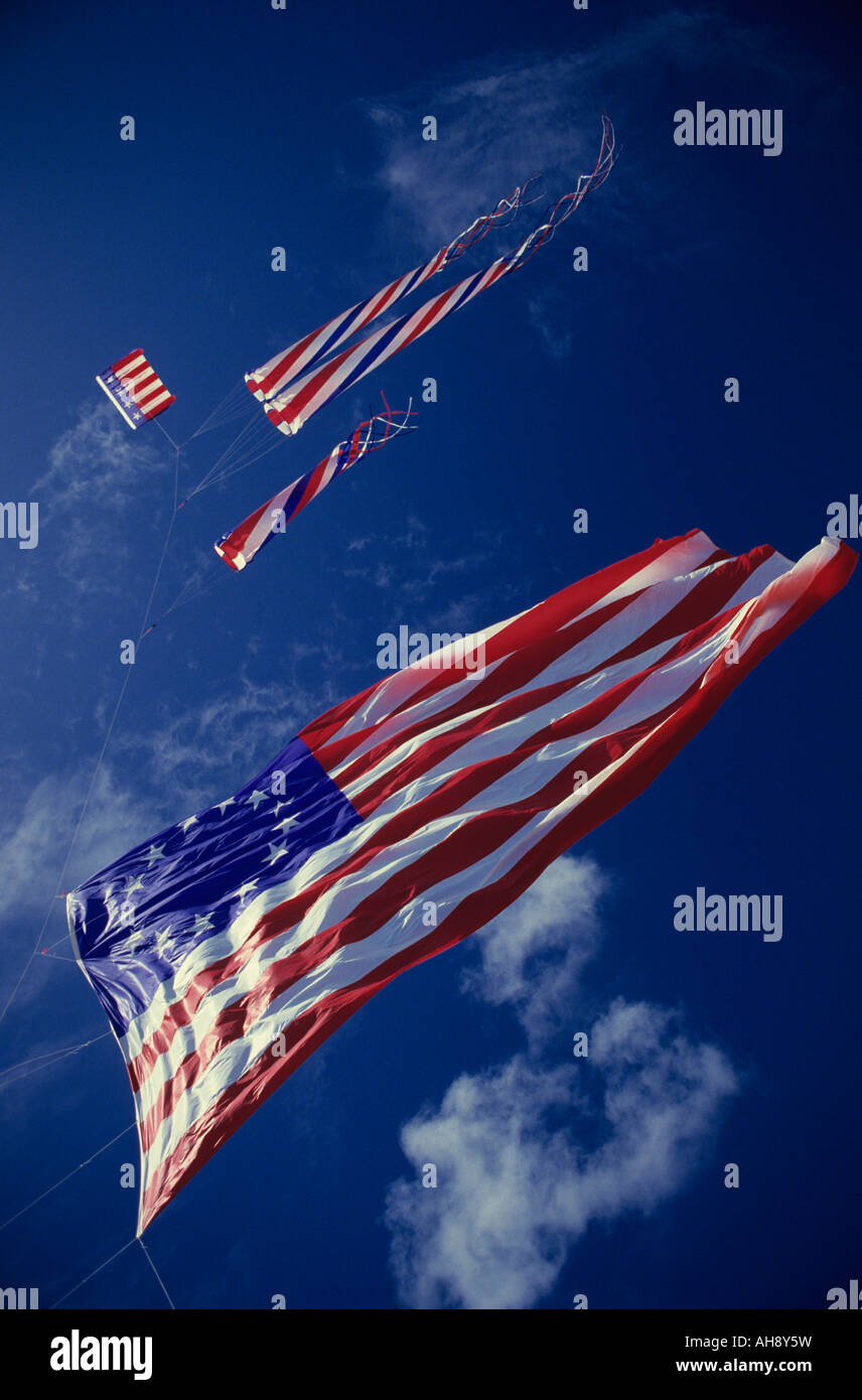 American flag kites in blue sky at kite Festival at Long Beach along ...