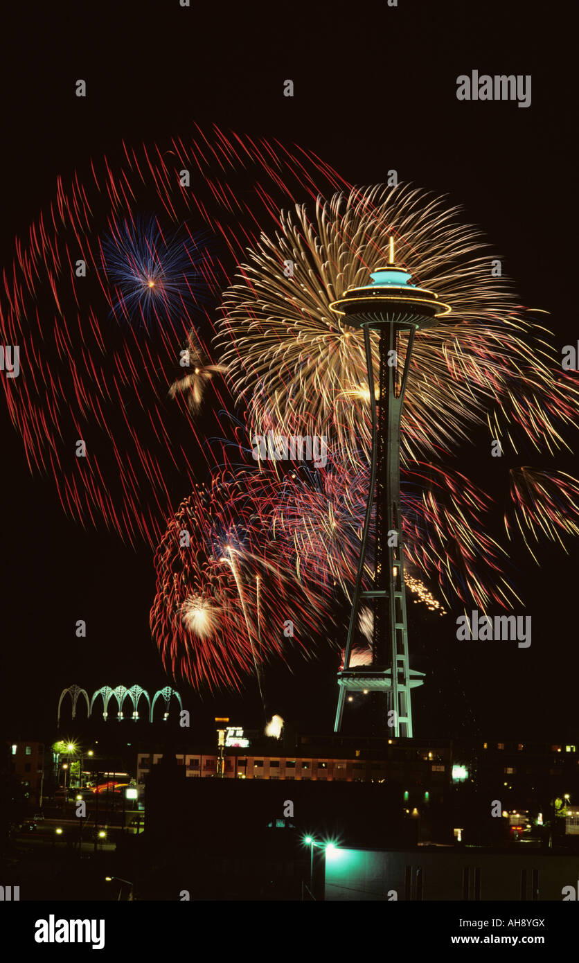 Downtown Seattle with fireworks off Space Needle, Washington State, USA ...