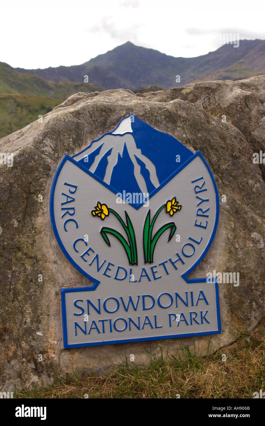 Snowdonia National Park sign with Mount Snowdon behind Gwynedd North ...
