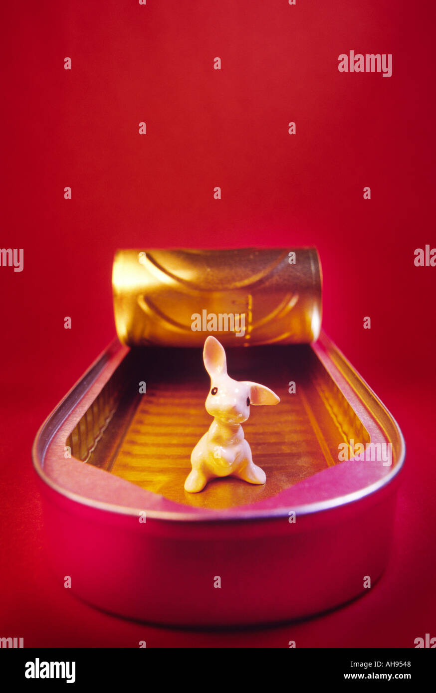 Toy cute porcelain bunny rabbit inside a long opened sardine tin can on ...