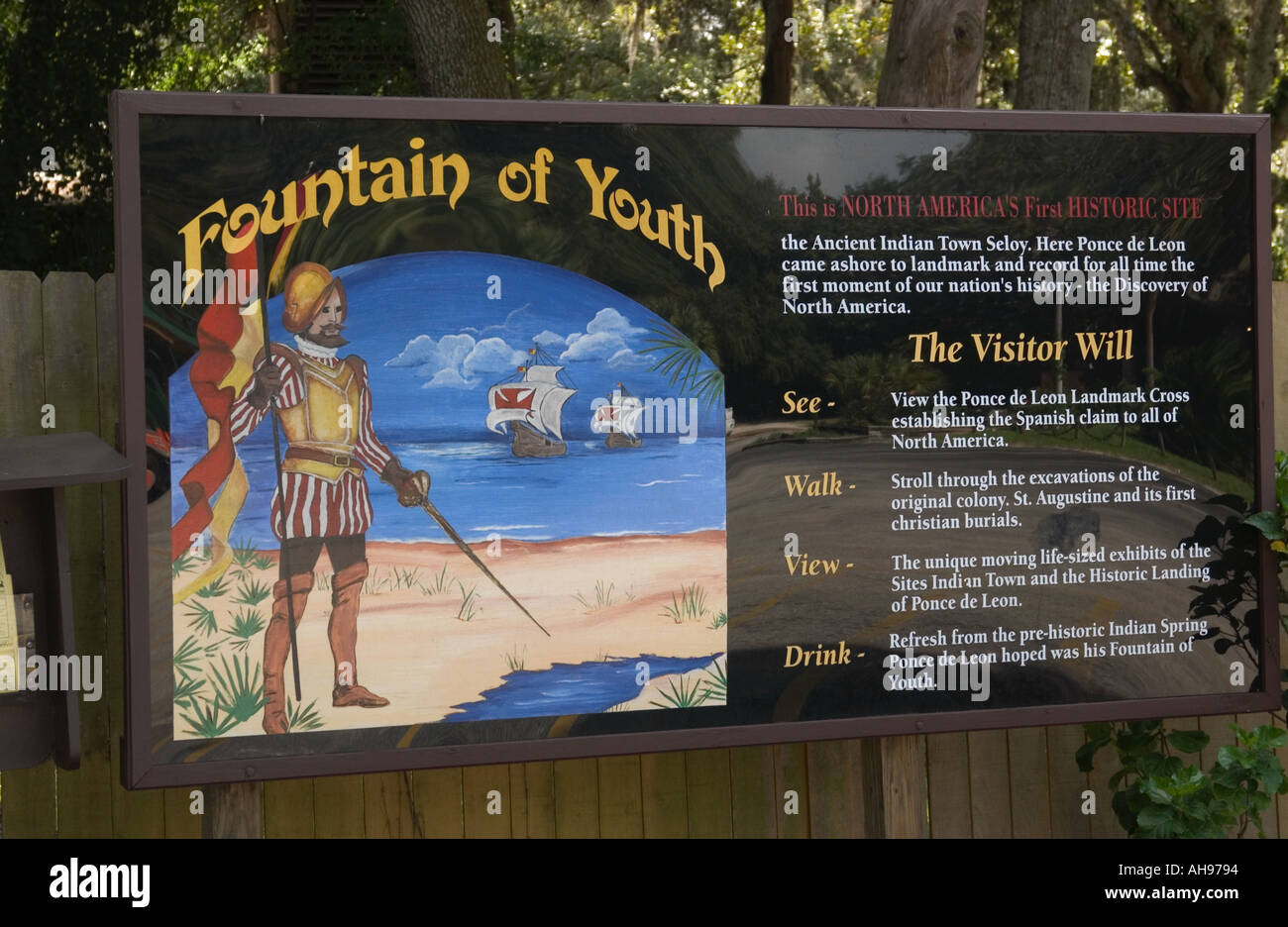 Entrance sign at the Fountain of Youth Archaeological Park in St ...