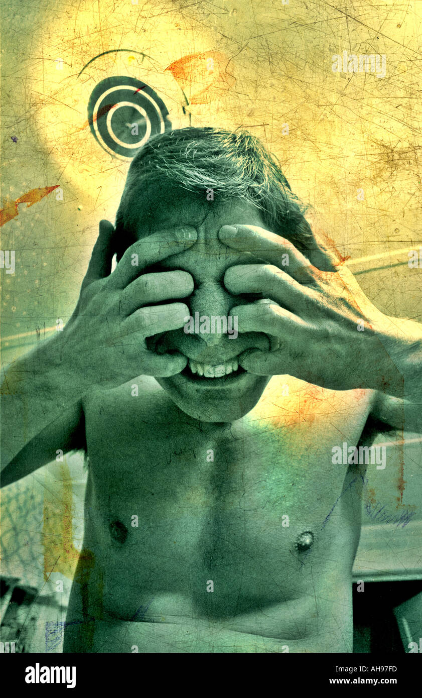 Surreal man poking fingers into eyes screaming Green color Scare Stock ...