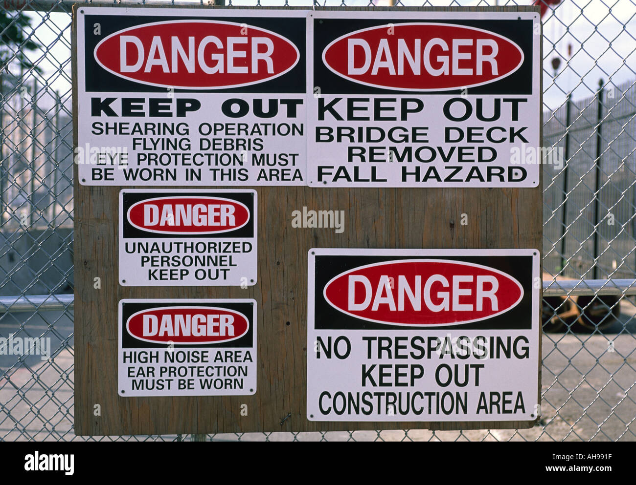 Danger and safety signs construction site Stock Photo - Alamy