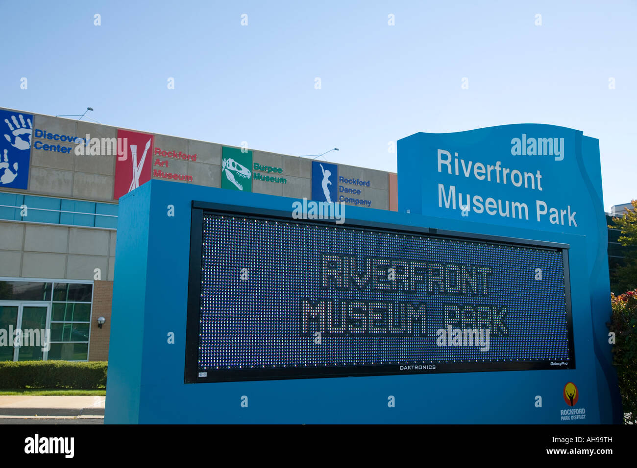 ILLINOIS Rockford Sign out front exterior of Riverfront Museum park ...