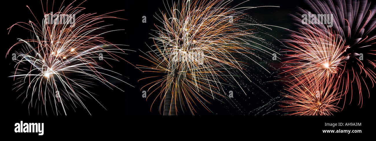 Panorama of different fireworks Stock Photo - Alamy