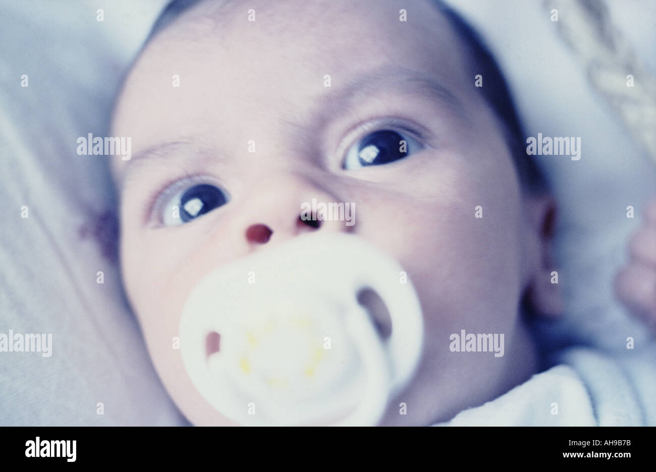 Portrait of four week old baby boy looking curiously at the camera ...