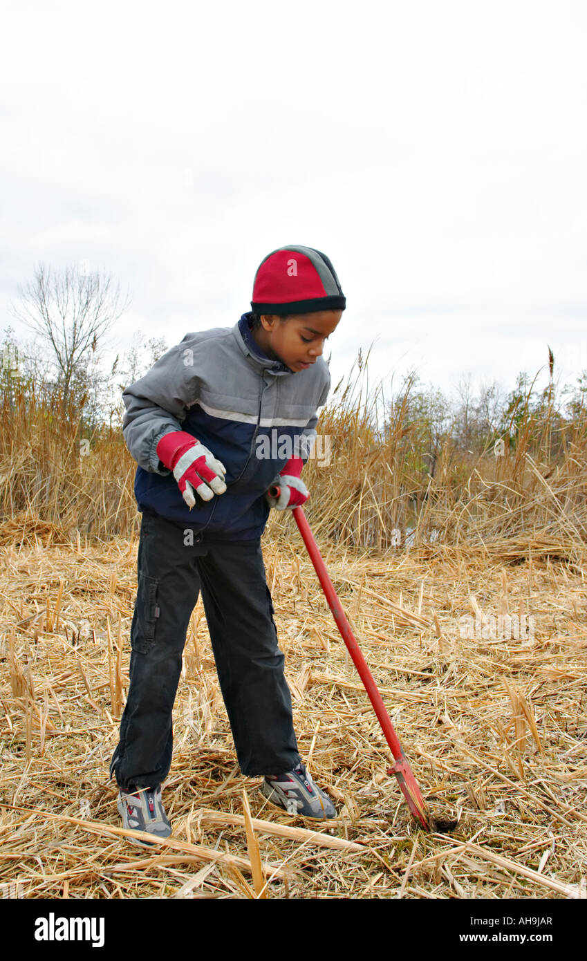 ILLINOIS Vernon Hills Boy use spade to prepare hole for planting tree ...