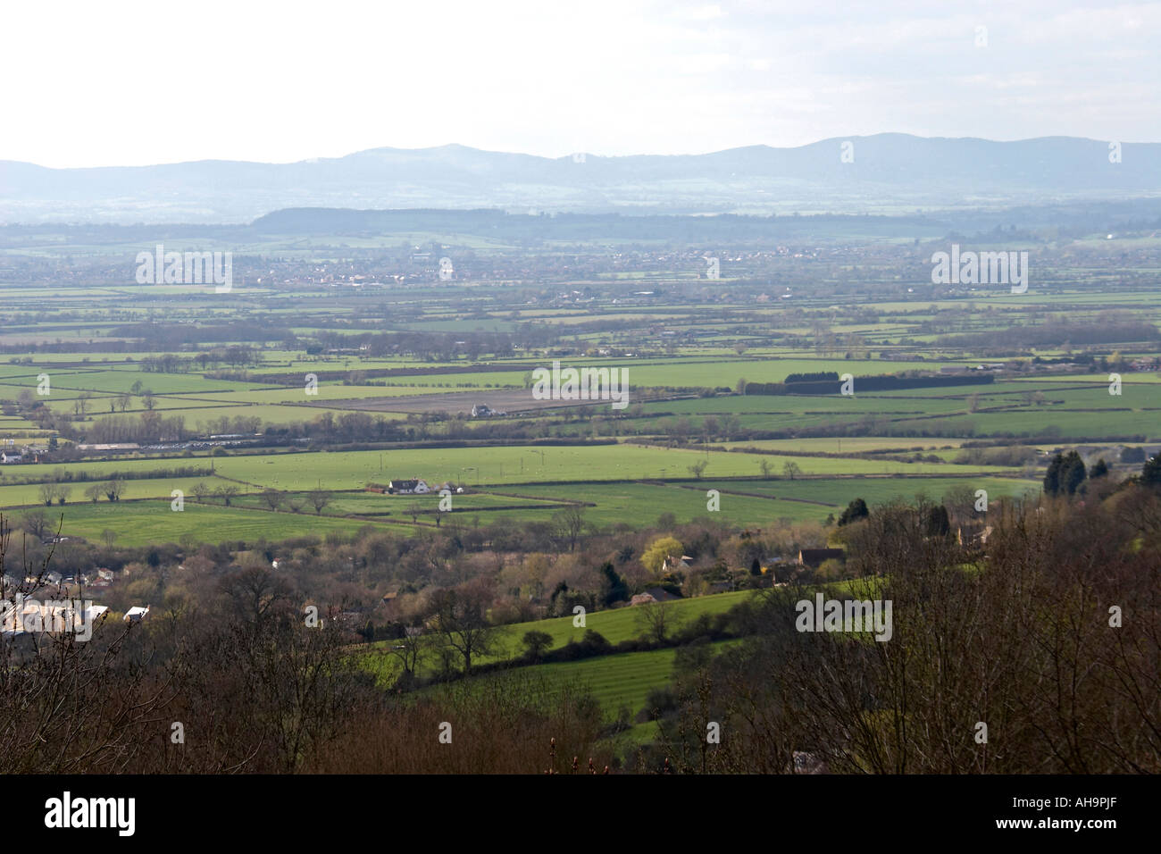 Cotswold landscape evening view across Severn Valley to Malvern Hills ...
