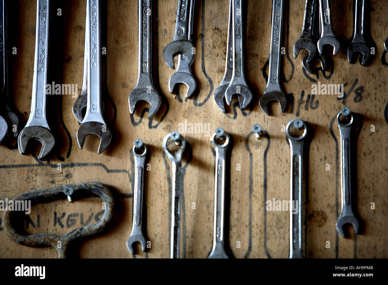 Horizontal landscape detail close up of spanners and tools hanging on ...