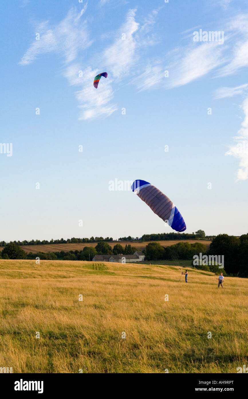 Flying power kites in the late evening on Selsley Common ...