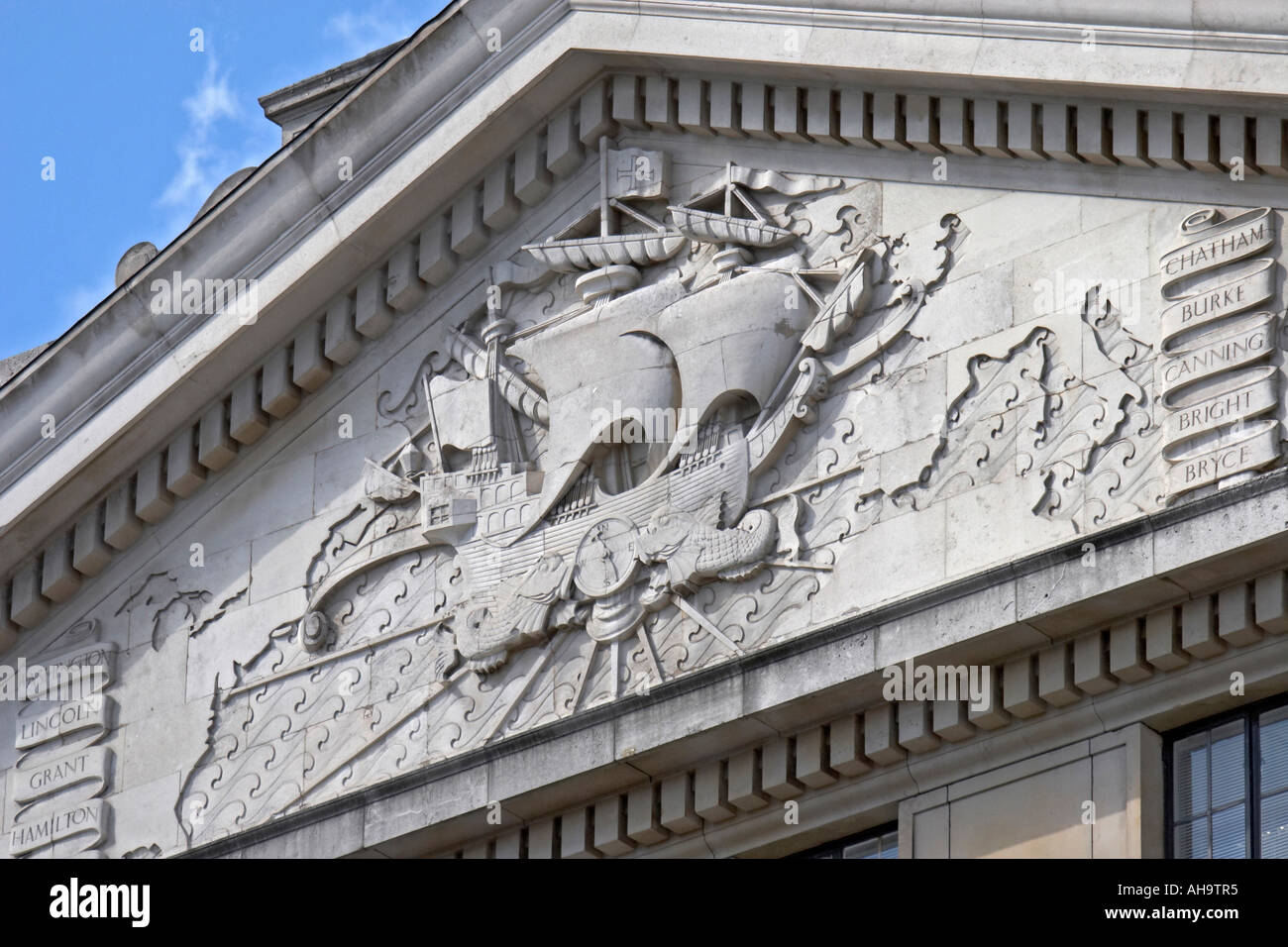 Artwork relief sculpture carving frieze on pediment of BBC World ...