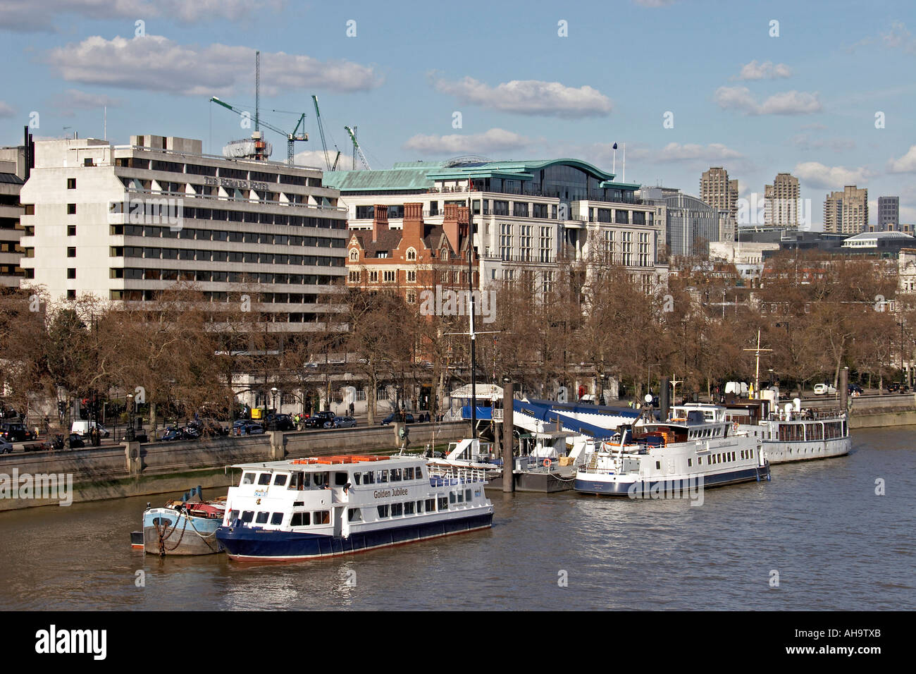 View along River Thames to Katherine Pier ships and Saint Katharine ...