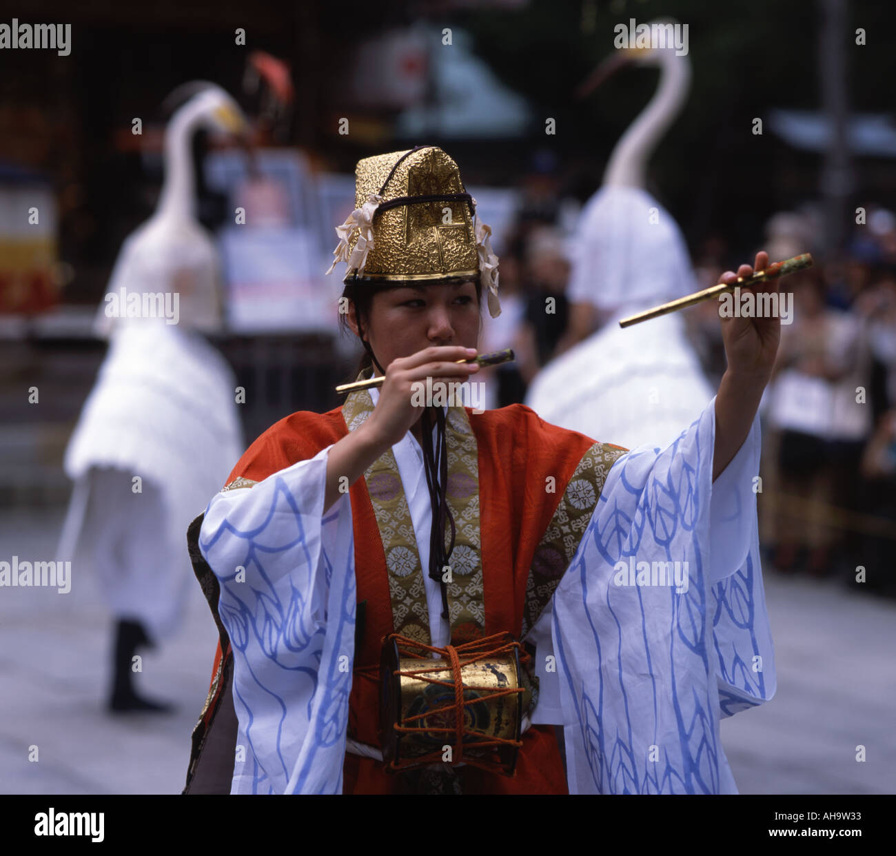 Pipe player during crane dance at Asaka shrine during Gion Matsuri ...