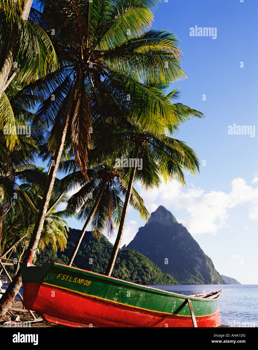Piton across the bay at Soufriere Beach, St Lucia, Windward Island ...