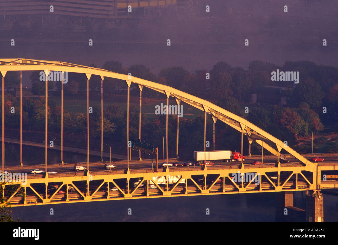 USA Pennsylvania Pittsburg, traffic on bridge which crosses the ...