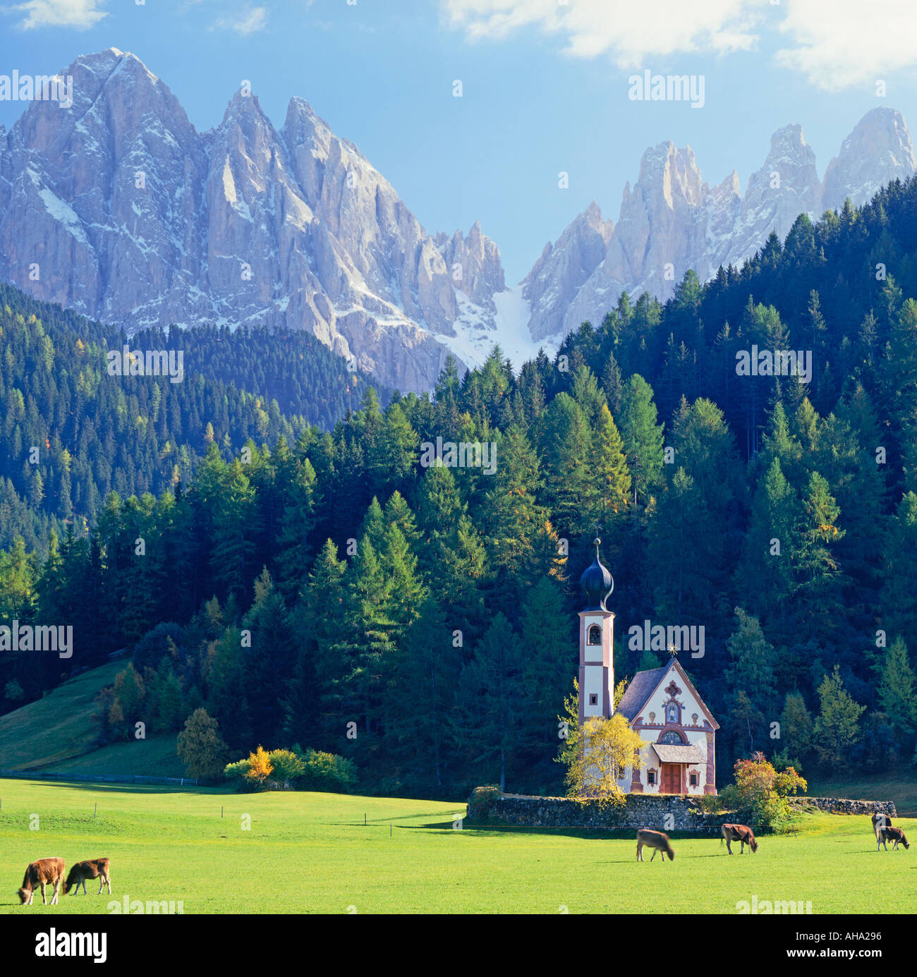 chapel in Alpine village of Funes Italy in the Dolomite Mountains Stock ...