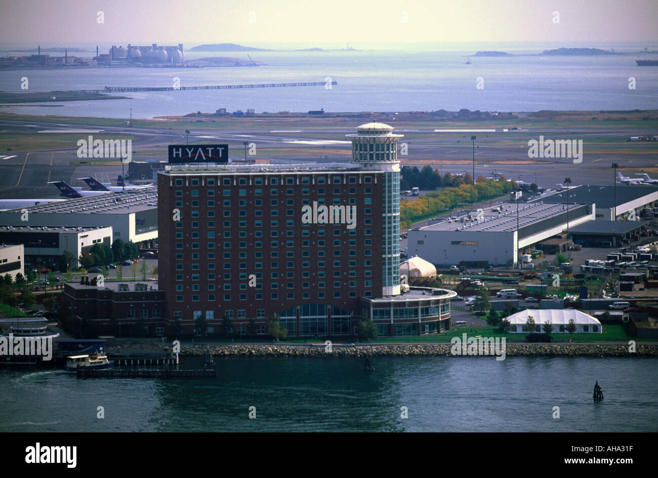 Aerial view, Hyatt Hotel, Logan International Airport on Boston Harbor ...