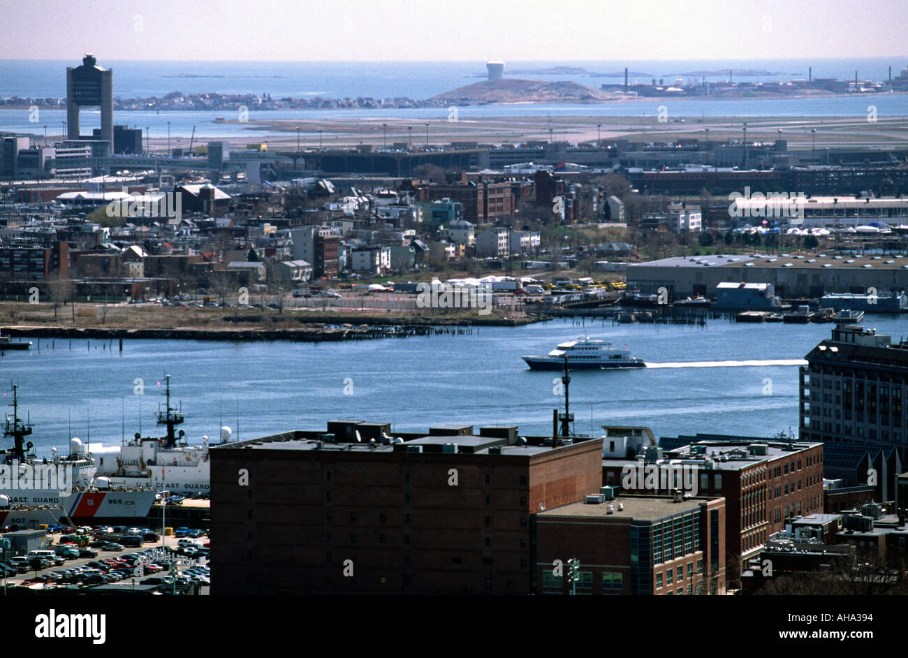 Aerial, Boston Harbor looking east towards Logan International Airport ...