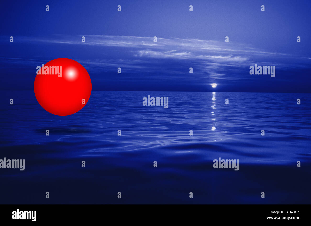 Moonrise over sea with floating red sphere The Prisoner TV show program ...