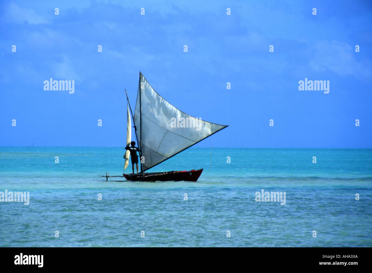 COOK ISLANDS. Aitutaki Islands. Traditional fishing boat with sail ...