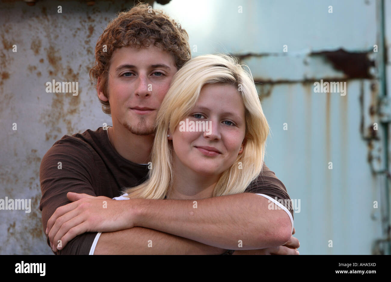 Horizontal colour portrait of young couple boyfriend and girlfriend ...