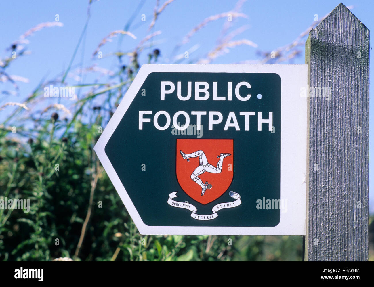 Isle of Man Manx symbol on Footpath waymark sign finger post UK Stock ...