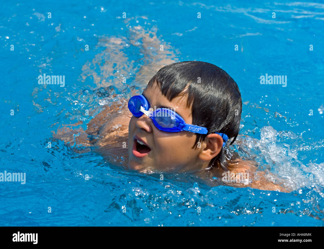 Boy With Goggles Swimming In A Pool In Krabets In Bulgaria Stock Photo ...