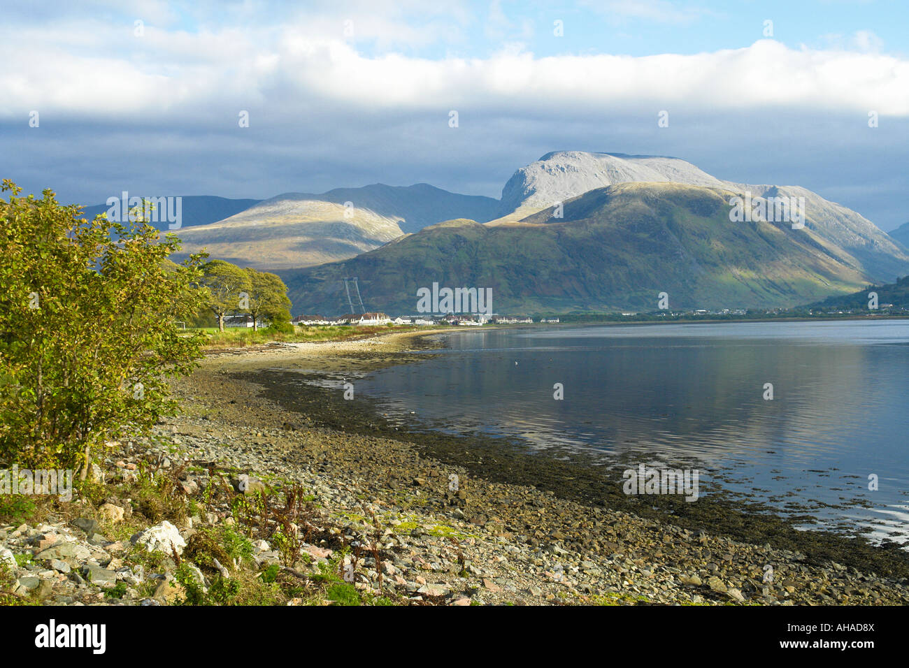 Ben Nevis, Aonach Beag and Aonach Mor towering over Fort William with ...