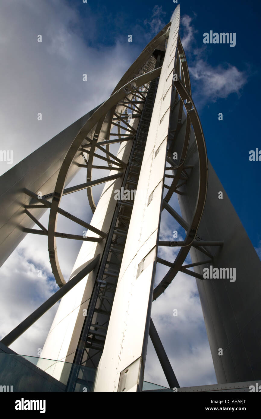 Looking up at the skeleton like structure of the Glasgow Tower, Glasgow ...