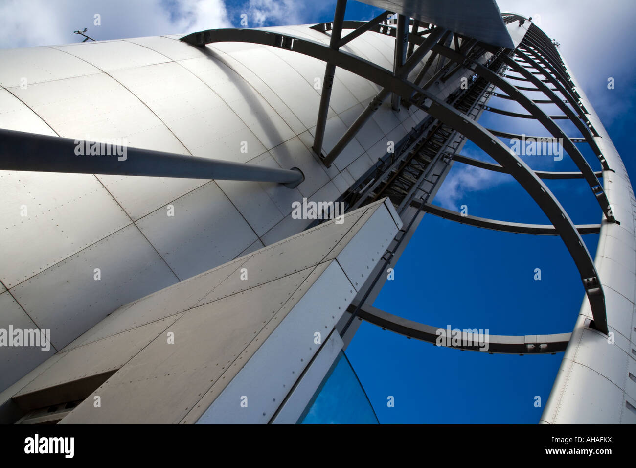 Looking up at the skeleton like structure of the Glasgow Tower, Glasgow ...
