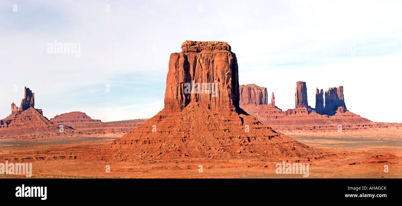 Monument Valley tower in northern Arizona. Panarama of desert sand and ...