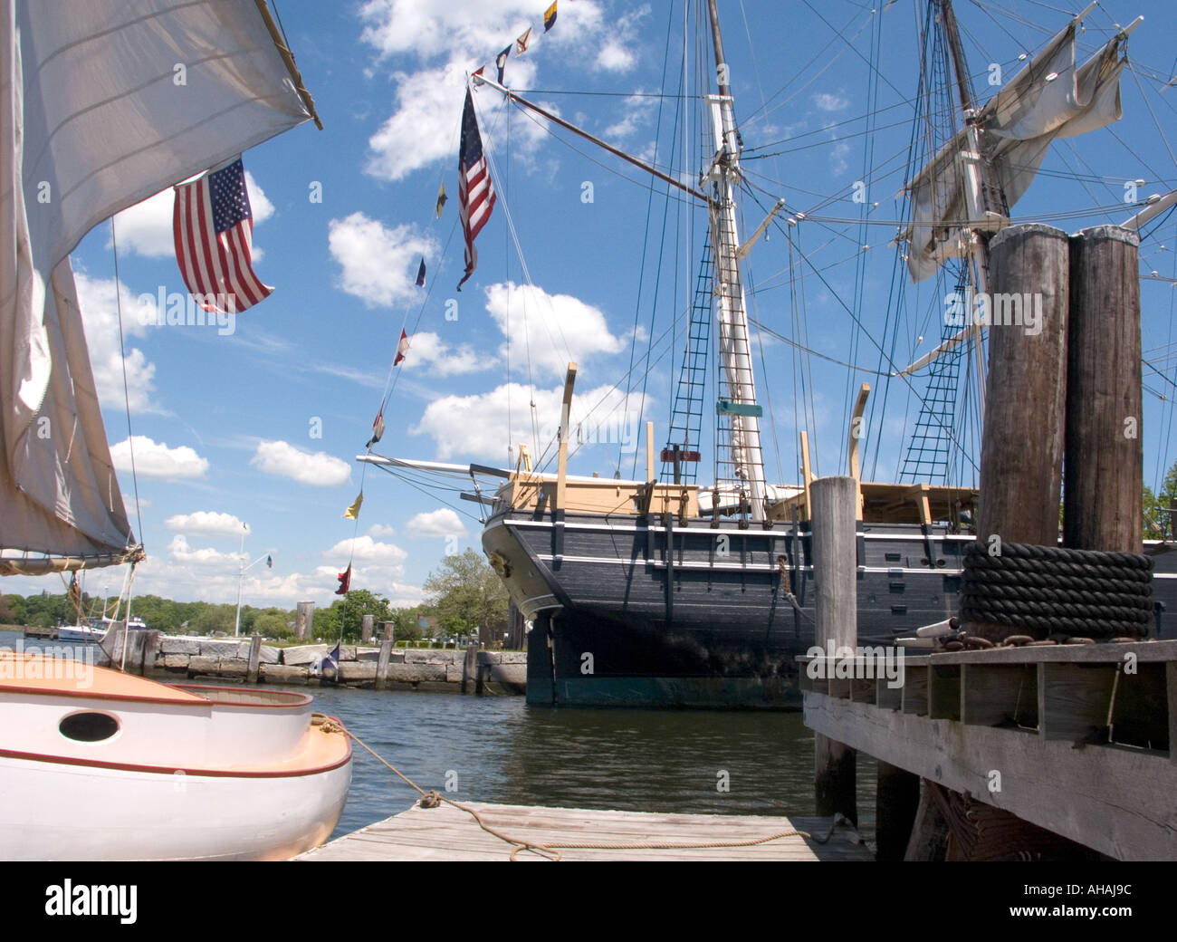 uWhaler and small boat docked in Mystic seaport Connecticut USA Stock ...
