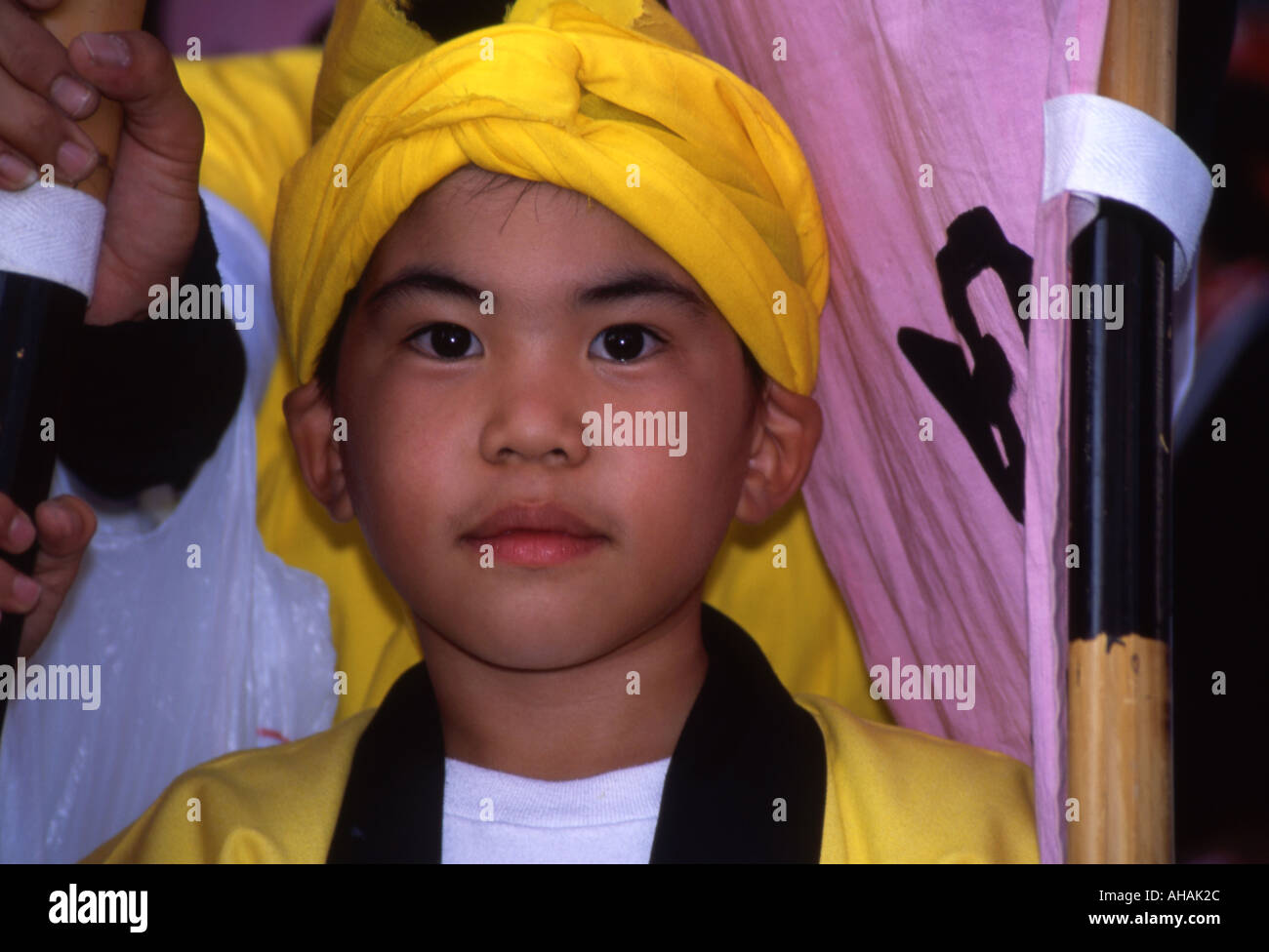 Young Okinawan boy dressed in costume at an Eisa festival in Naha Stock ...