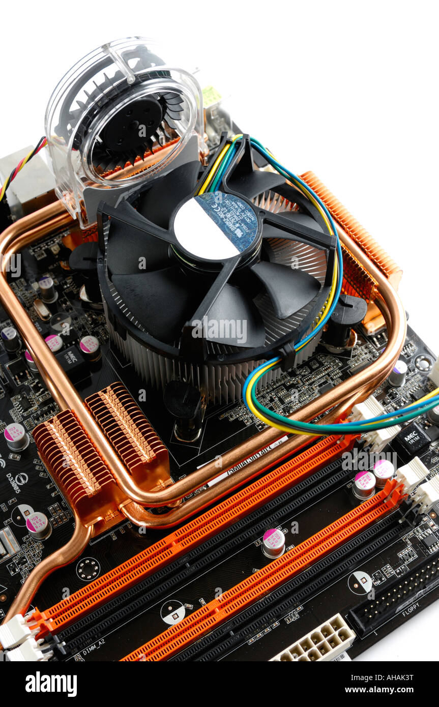 CPU cooler fan with radiator on a high end computer motherboard Stock ...
