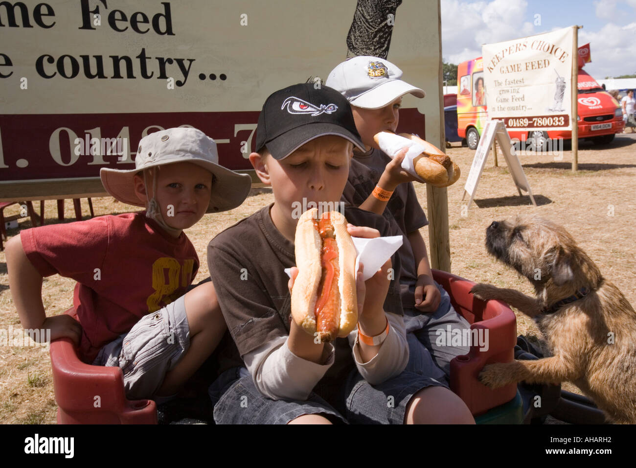 UK Hampshire Romsey Broadlands CLA Game Fair Fenton family boys eating ...