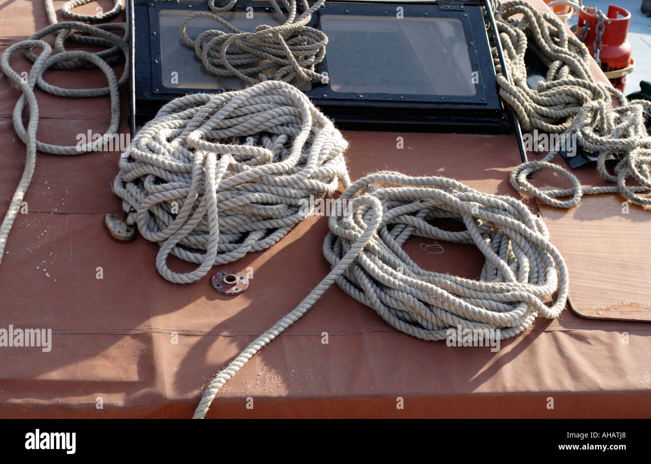 Coils of rope on deck of sailing barge Stock Photo - Alamy