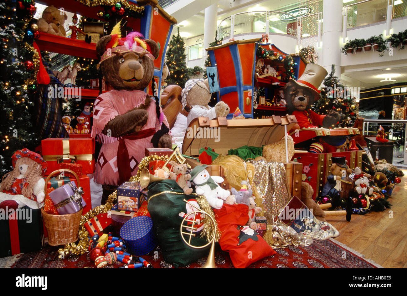 Christmas display with teddy bears in shopping mall UK London Stock ...