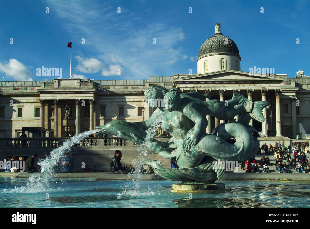 UK London Trafalgar Square pedestrianised National Gallery statue ...