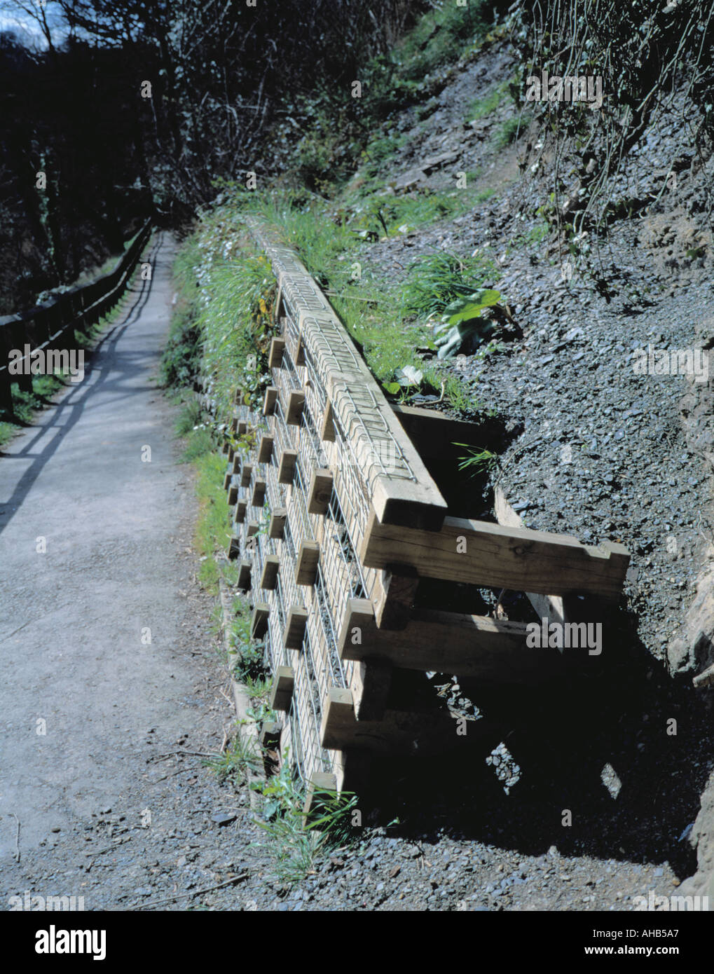 Timber reinforced earth retaining wall in a public park, Jesmond Dene ...