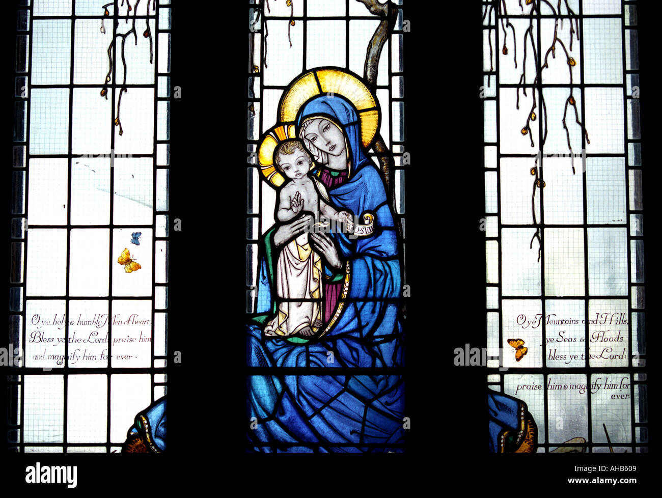 A stained glass window in the church in the deserted village of Tyneham ...