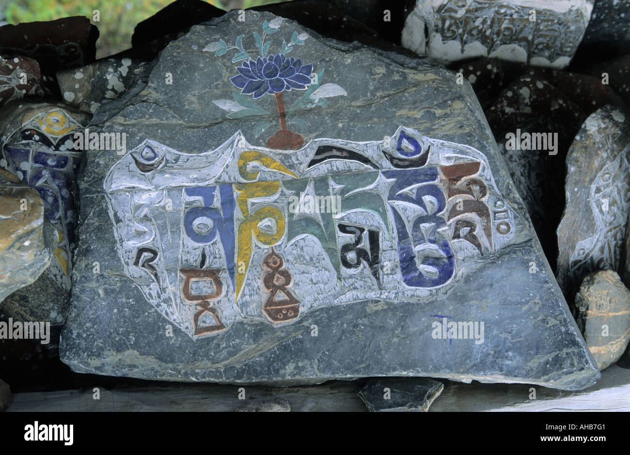 Buddhist mantras and sacred writings on stones in Pisang surroundings ...