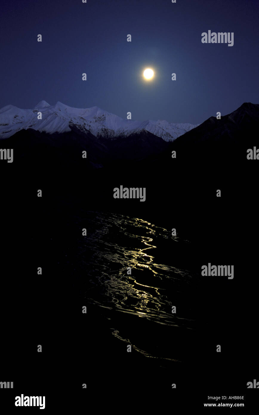 Moon rising of the Alaska range and the McKinley River Denali National ...