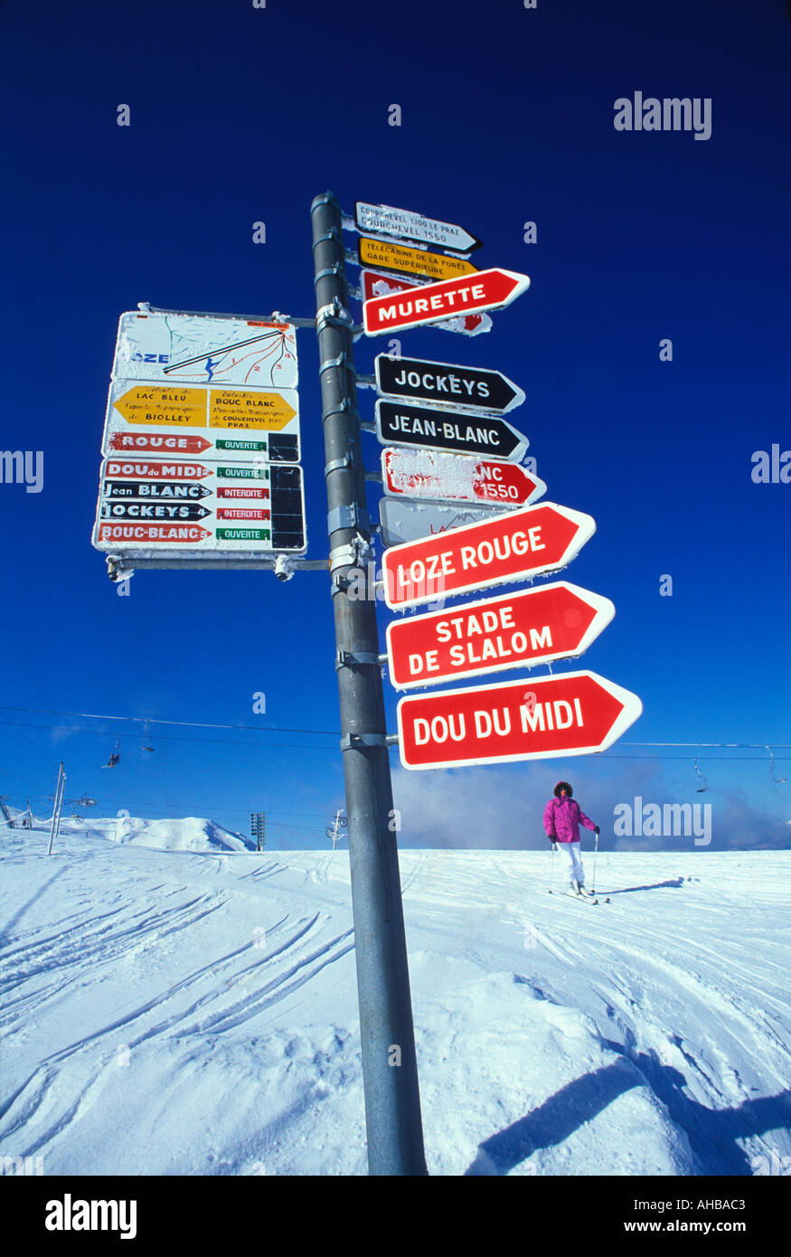 sign post in French Ski resort Stock Photo - Alamy
