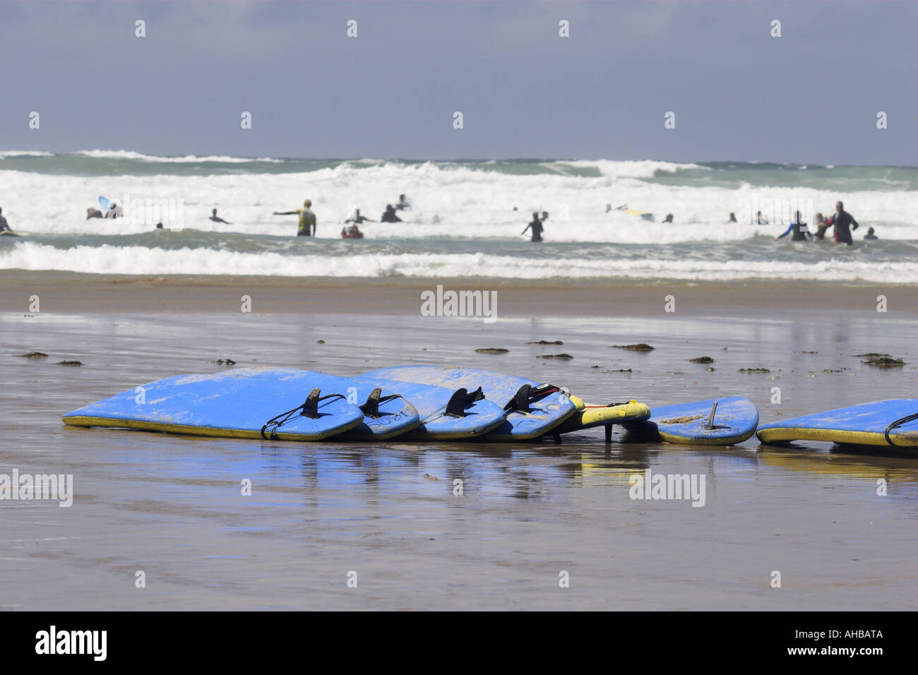 Beginners surf boards on the beach, Polzeath, Cornwall Stock Photo - Alamy